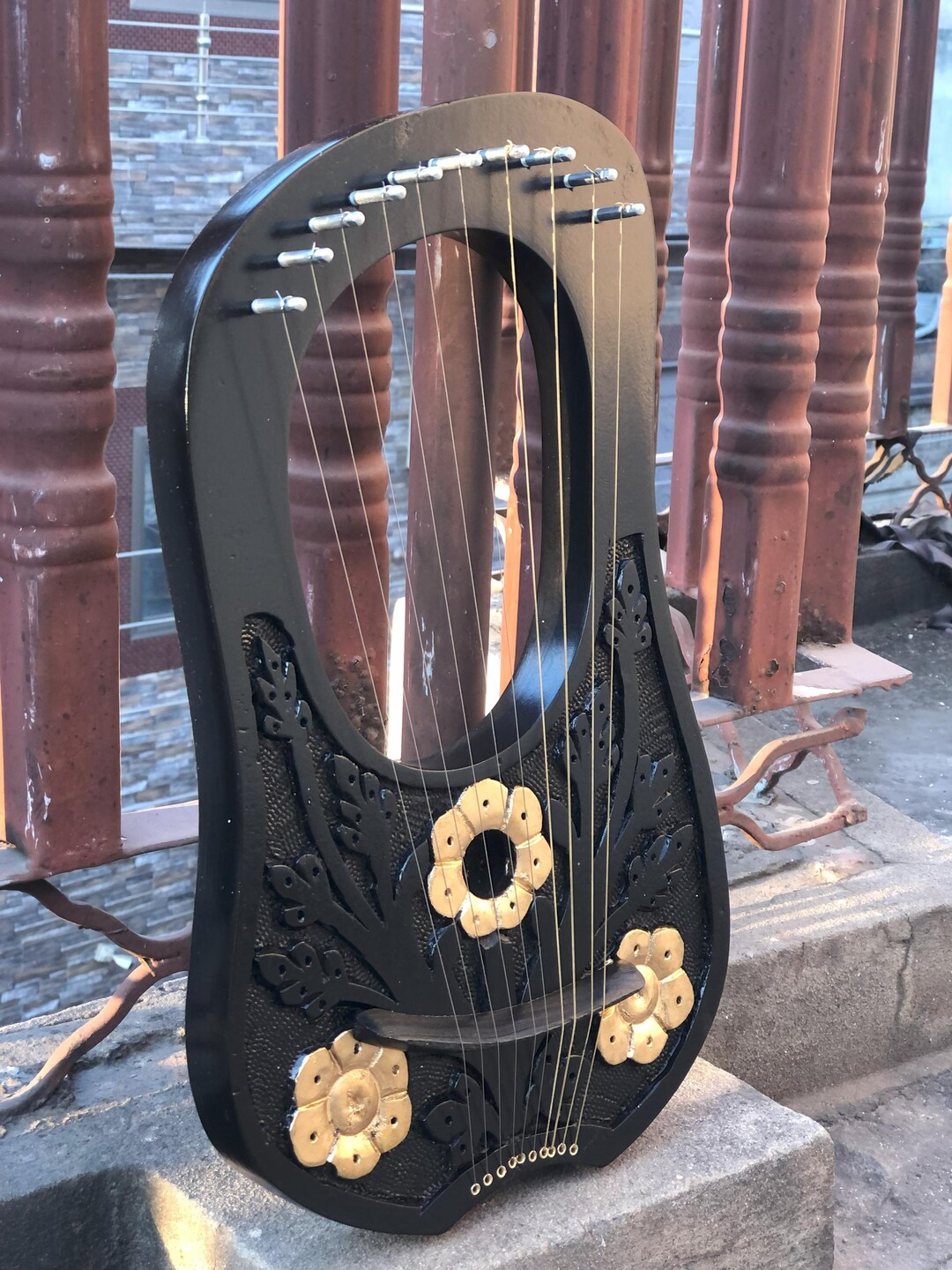 Rosewood Black and Gold Lyre Handmade 10 Metal Strings Lyre Harp With ...