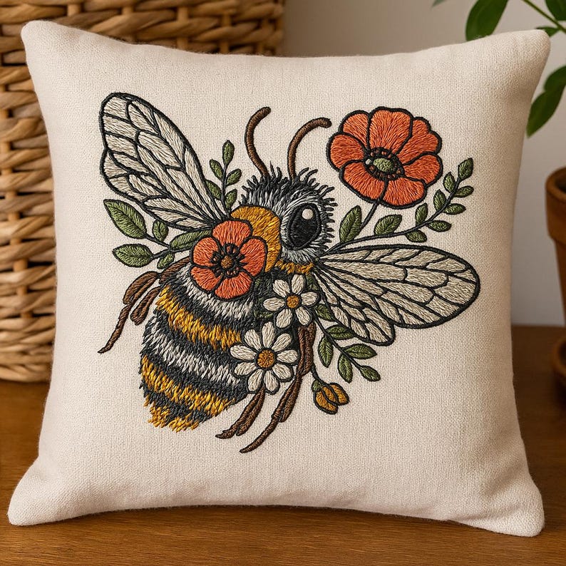 Bee Embroidery Design With Flowers – Insect Machine Embroidery Pattern ...