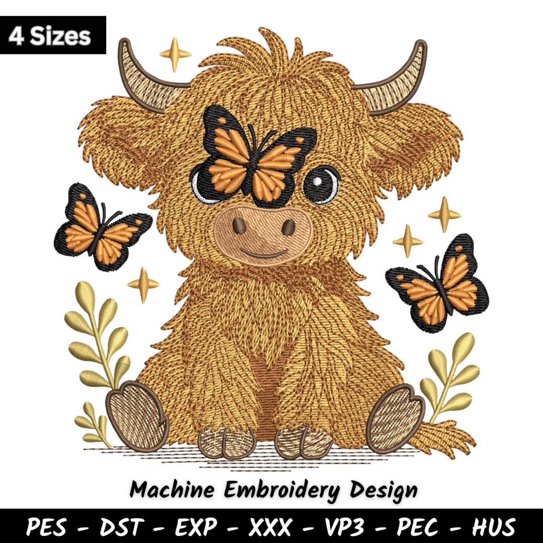 Highland Cow Embroidery Design: Baby Calf With Butterflies (digital ...