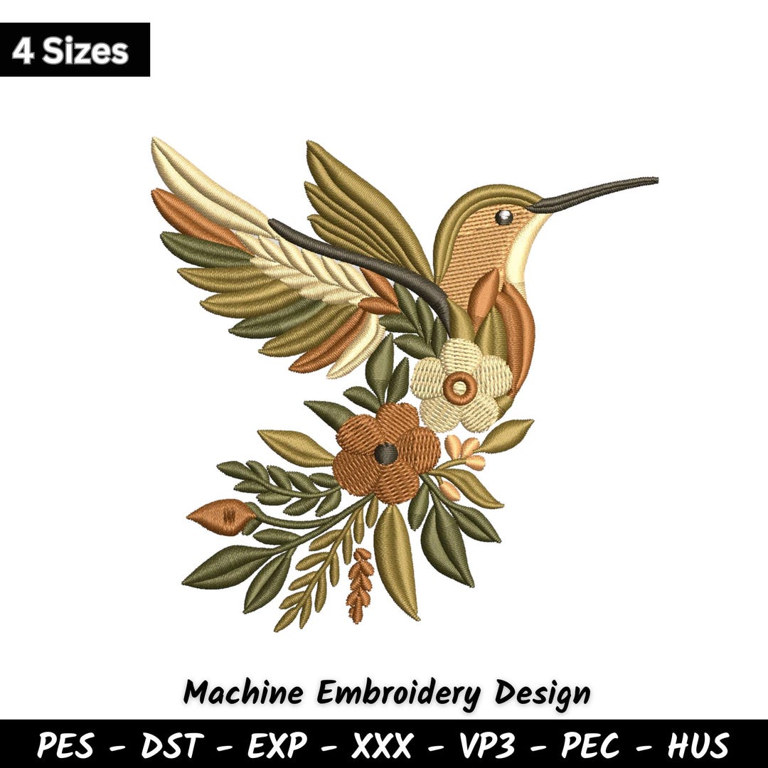 Hummingbird Floral Embroidery Design – Beautiful Bird With Flowers ...