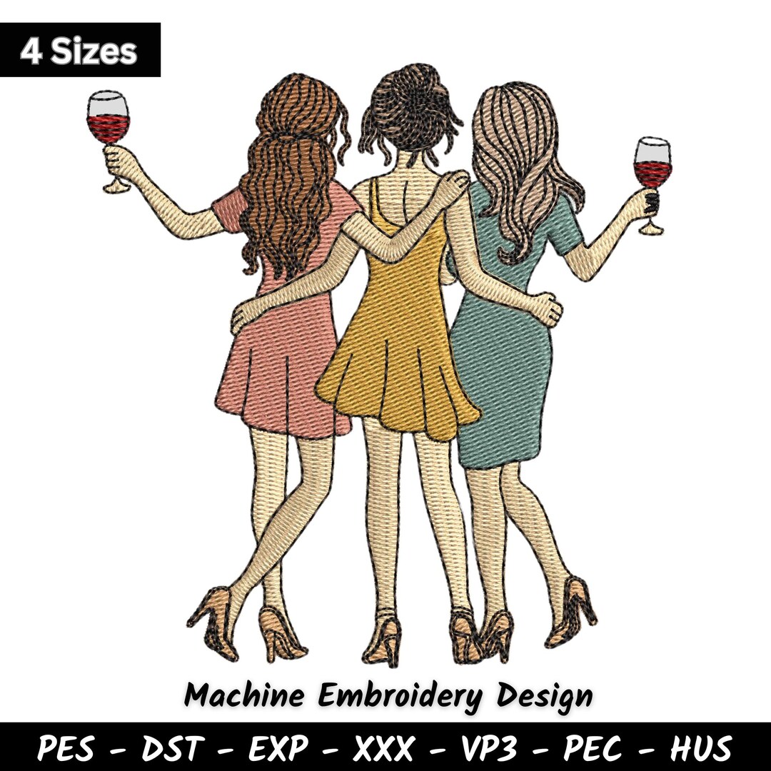 Girls Night Out Embroidery Design – Best Friends, Wine Glasses (instant ...