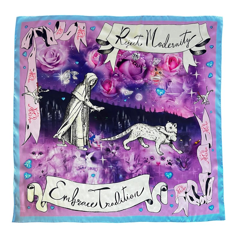 Medieval Cat Meme Scarf – Handmade Satin Textile Art Shawl With a ...
