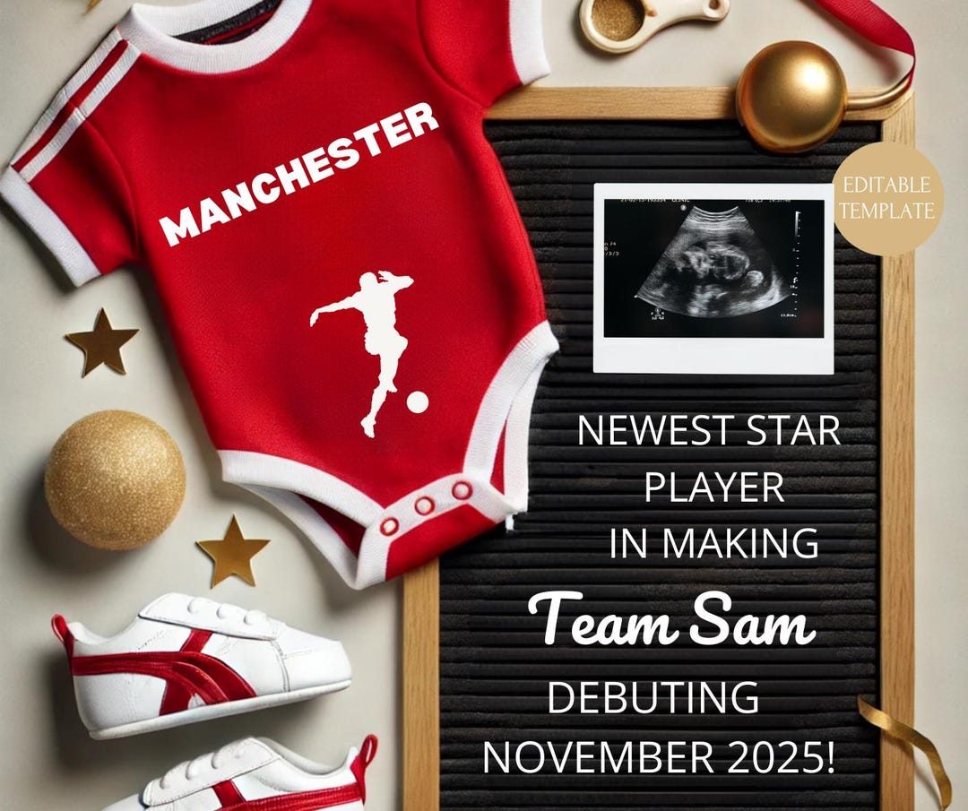 Manchester Soccer Baby Announcement: Editable Canva Template (digital ...