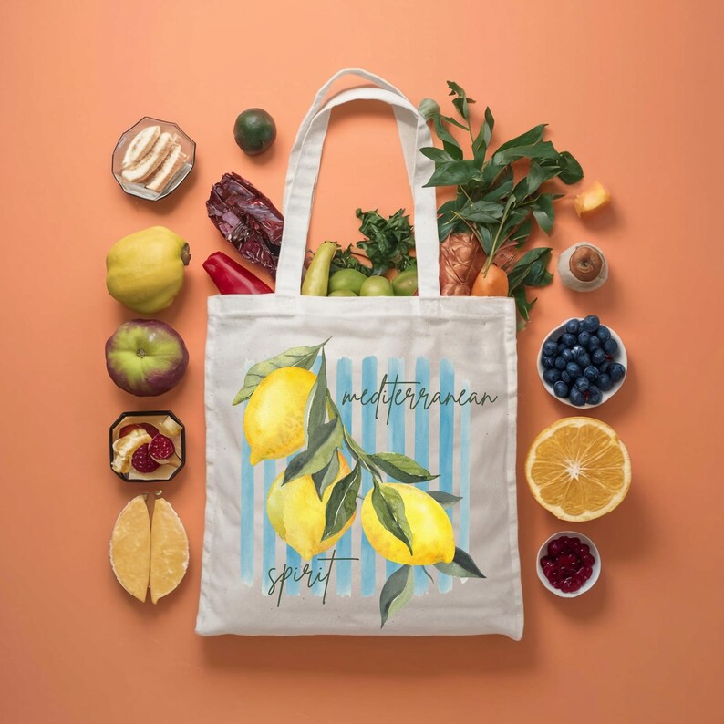 Lemon Tote Bag Vintage Citrus Fruit Design, Mediterranean Cottagecore ...