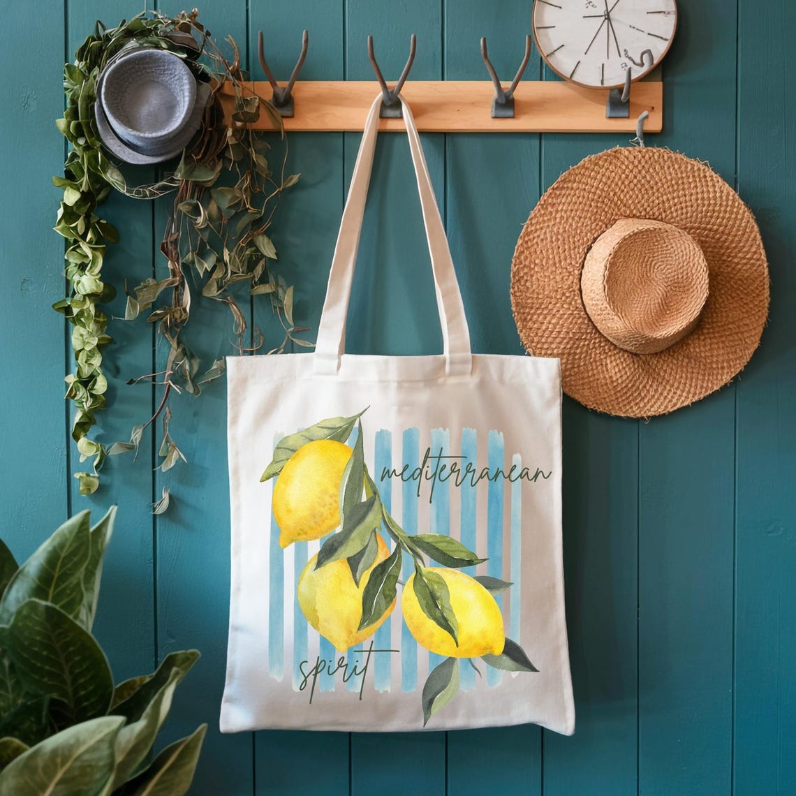 Lemon Tote Bag Vintage Citrus Fruit Design, Mediterranean Cottagecore ...