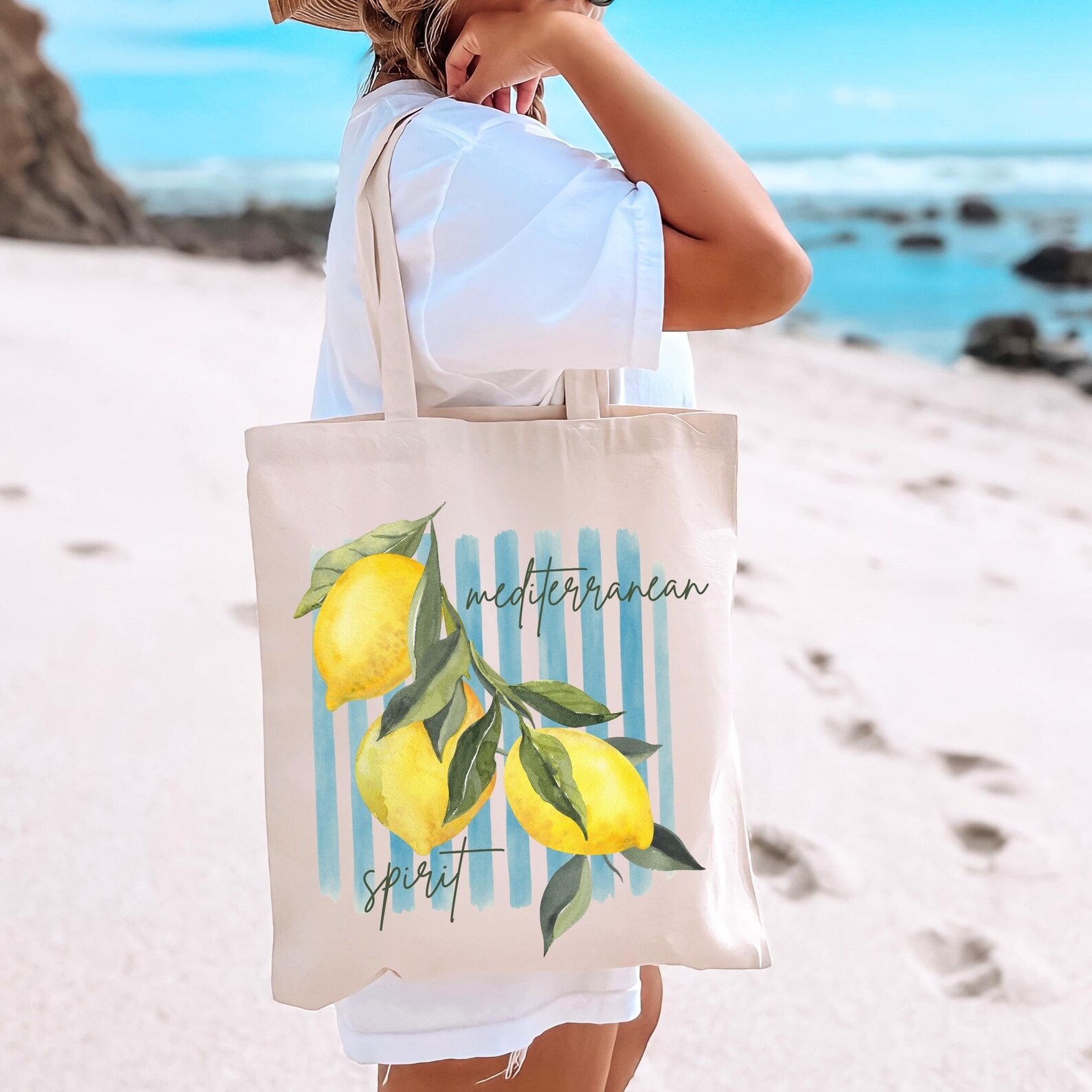 Lemon Tote Bag Vintage Citrus Fruit Design, Mediterranean Cottagecore ...