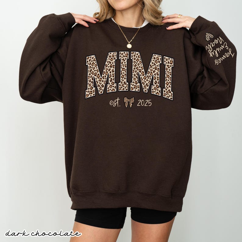 Custom Leopard Mimi Sweatshirt With Grandkids Name on Sleeve ...