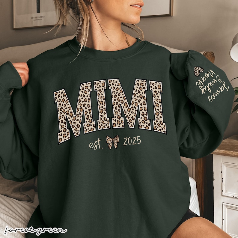 Custom Leopard Mimi Sweatshirt With Grandkids Name on Sleeve ...