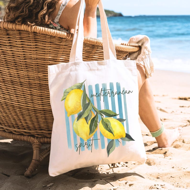 Lemon Tote Bag Vintage Citrus Fruit Design, Mediterranean Cottagecore ...