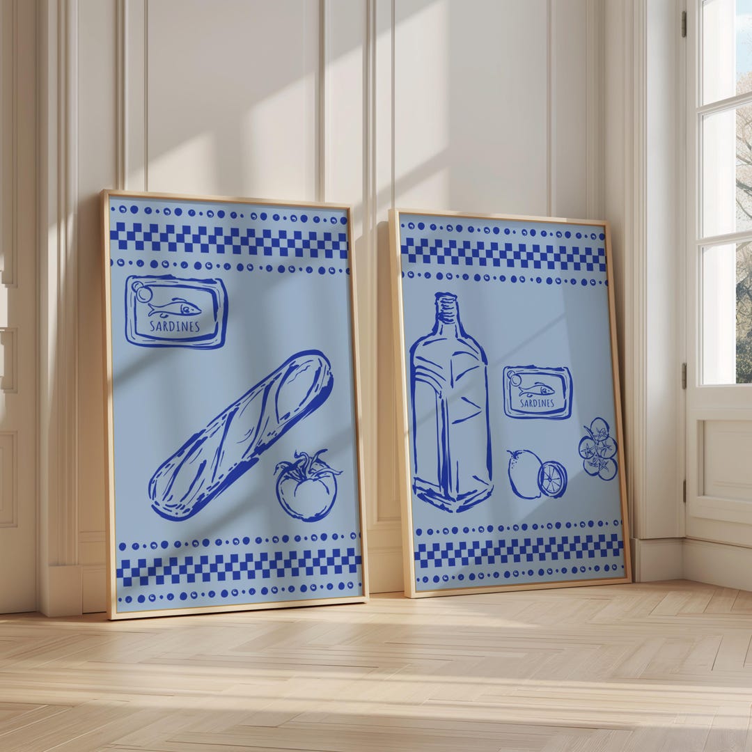 Mediterranean Kitchen Poster Set of 2 | Blue Line Food Illustration ...
