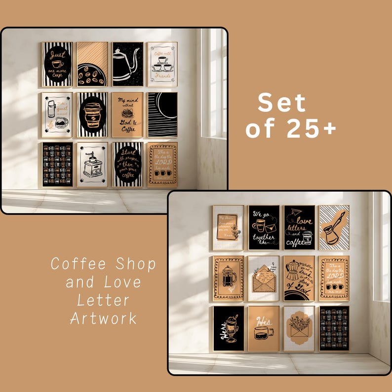 Neutral Coffee Shop Artwork Collection for Kitchens & Cafés | Set of 25 ...