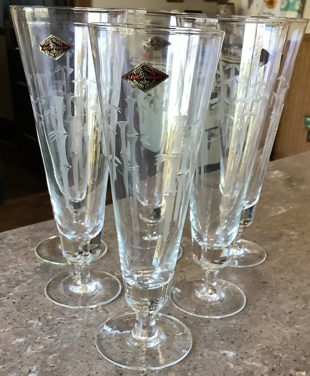 Vintage Bamboo Etched Glass Footed Stemware Pilsner 6 Piece Set Radio ...