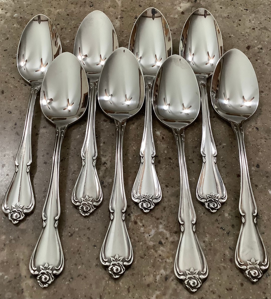 Vintage Oneida Arbor True Rose Stainless Teaspoon 8 Piece Flatware Set ...