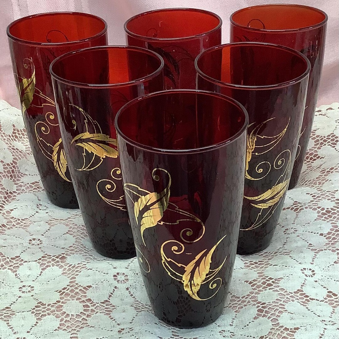 Vintage Anchor Hocking Royal Ruby Red Gold Leaf Glass 6 Piece Tumbler ...