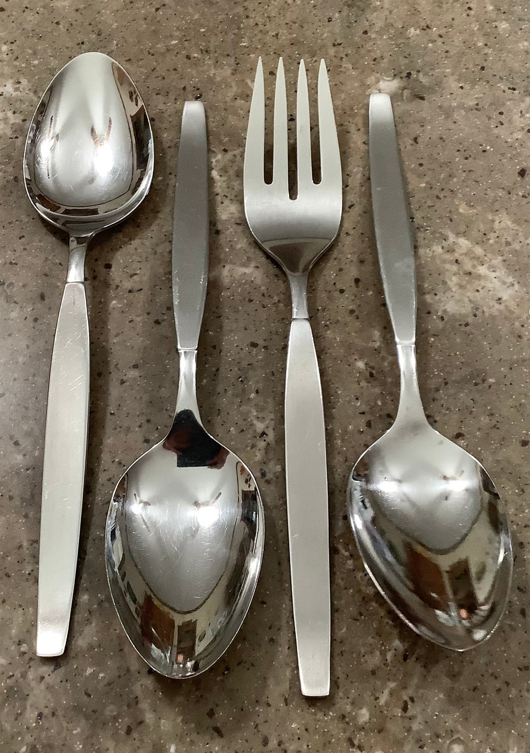 Vintage Oneida Frostfire Stainless Serving Fork Spoon Flatware Set of 4 ...