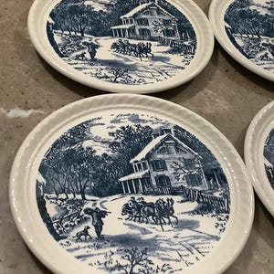 Vintage Blue Currier Ives Cake Dessert Pie Plate 4 Piece Royal Set - Etsy