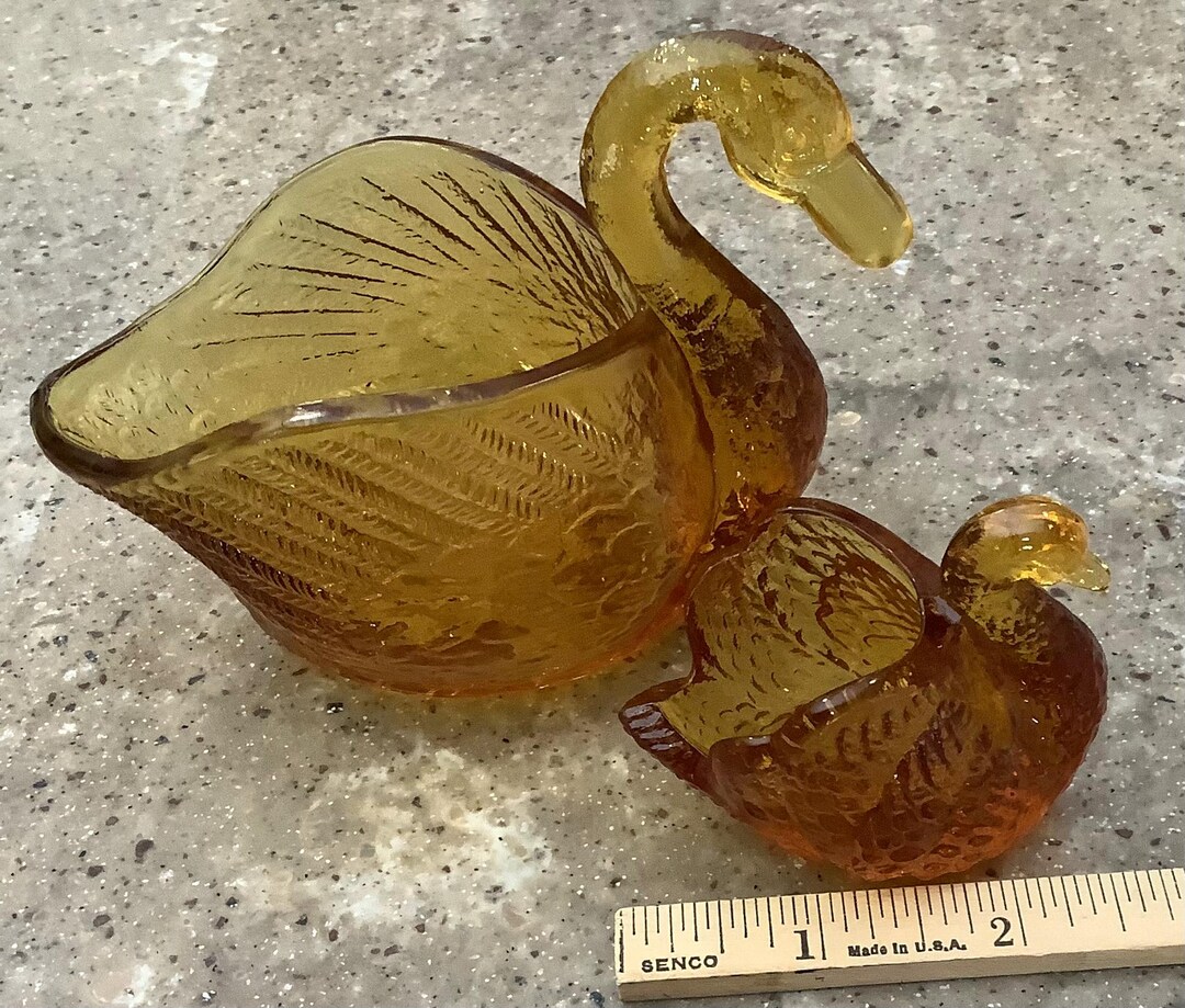 Vintage Amber Swan Art Glass 2 Piece Trinket Candy Dish Bowl - Etsy