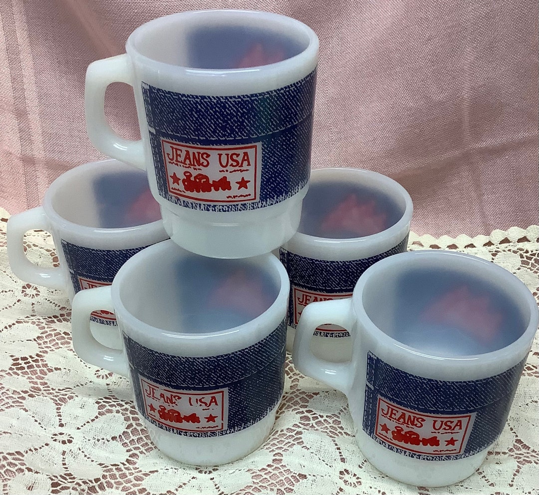 Vintage Fire King Coffee Denim Jeans Glass 5 Piece Mug Set Red Bandana ...