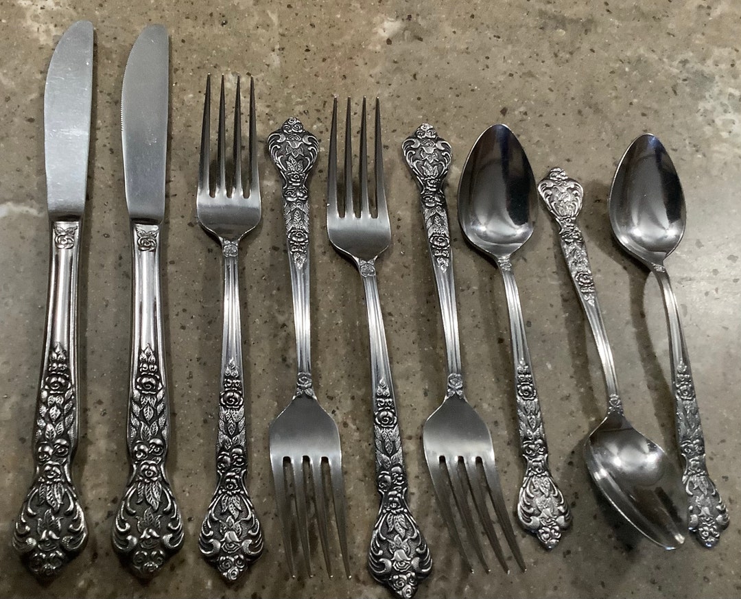 Vintage Versailles Msi Stainless Floral Black Accents 9 Piece Flatware ...