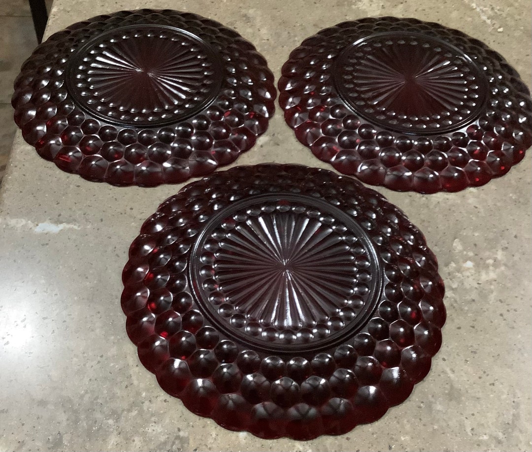 Vintage Anchor Hocking Ruby Red Bubble Glass Dinner Plate 3 Piece Set ...
