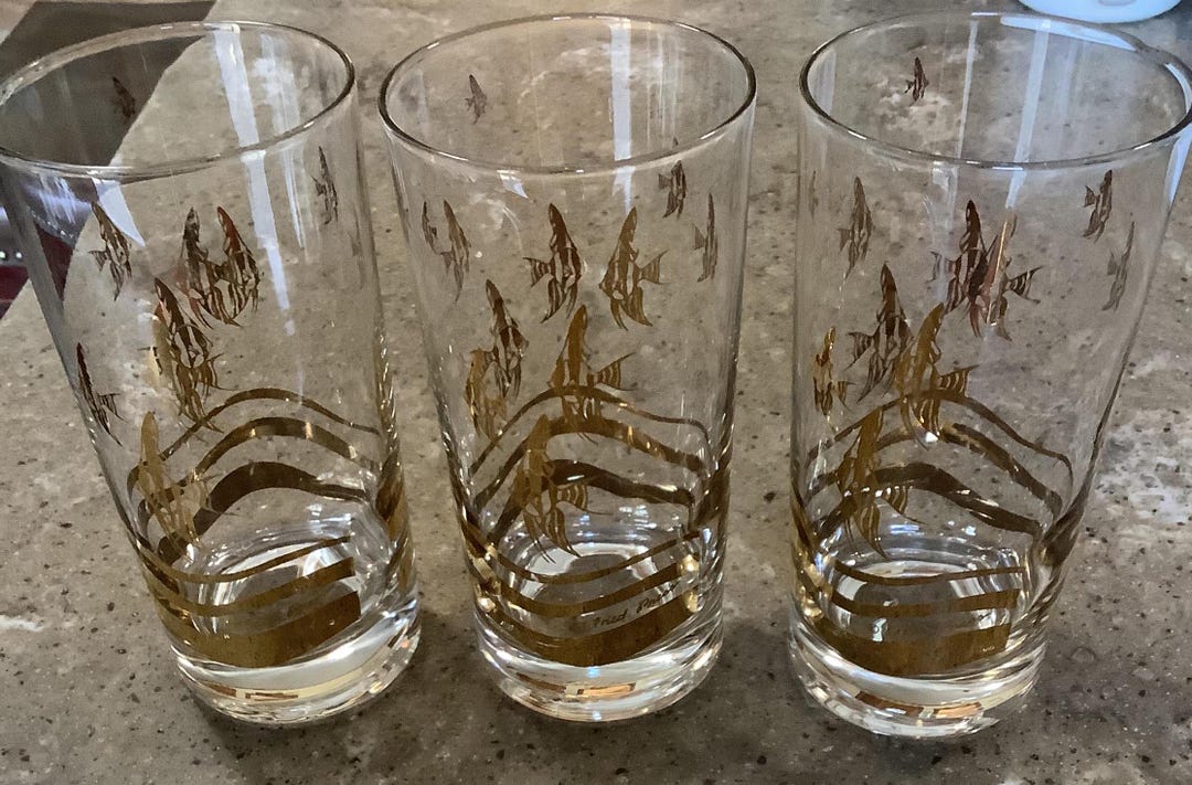 Vintage Fred Press Atomic Fish 3 Piece Glass Highball Tumbler Gold Set ...