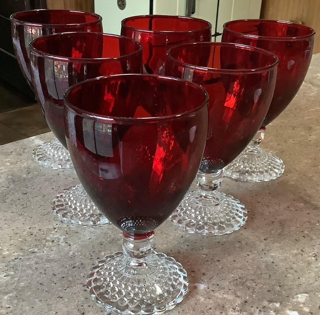 Vintage Anchor Hocking Ruby Red Bubble Glass Footed Wine Water Goblet ...