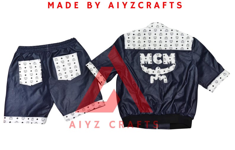 Handmade MCM Leather Suit: Men's Navy Blue Luxury Bomber Jacket ...