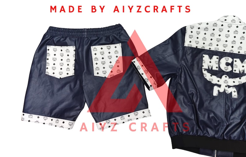 Handmade MCM Leather Suit: Men's Navy Blue Luxury Bomber Jacket ...