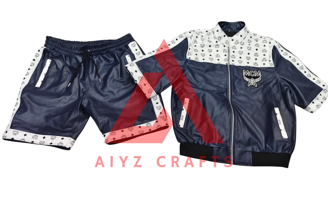 Handmade MCM Leather Suit: Men's Navy Blue Luxury Bomber Jacket ...