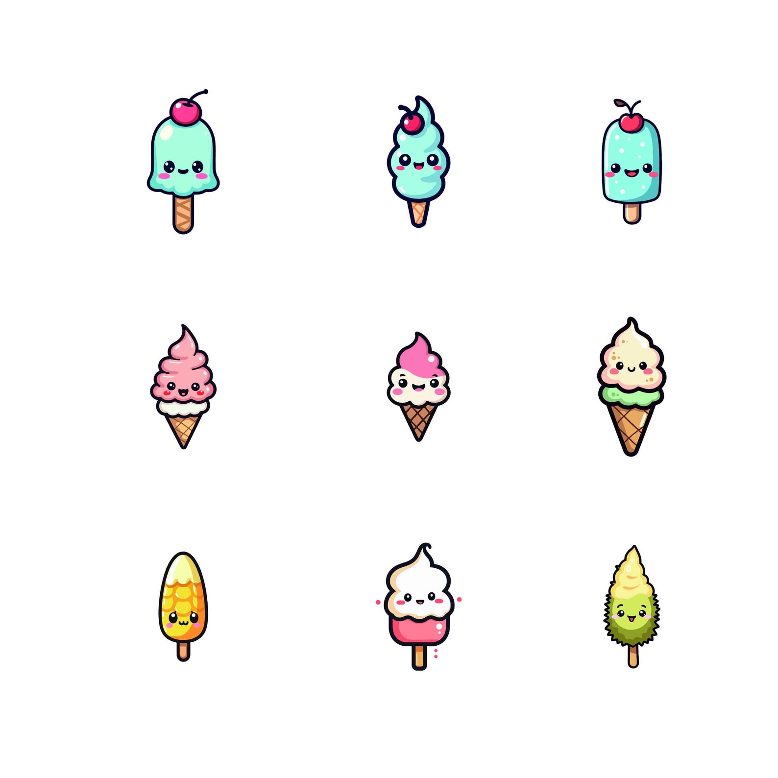 Kawaii Cute Ice Cream PNG Bundle Featuring Smiling Cartoon Desserts in ...