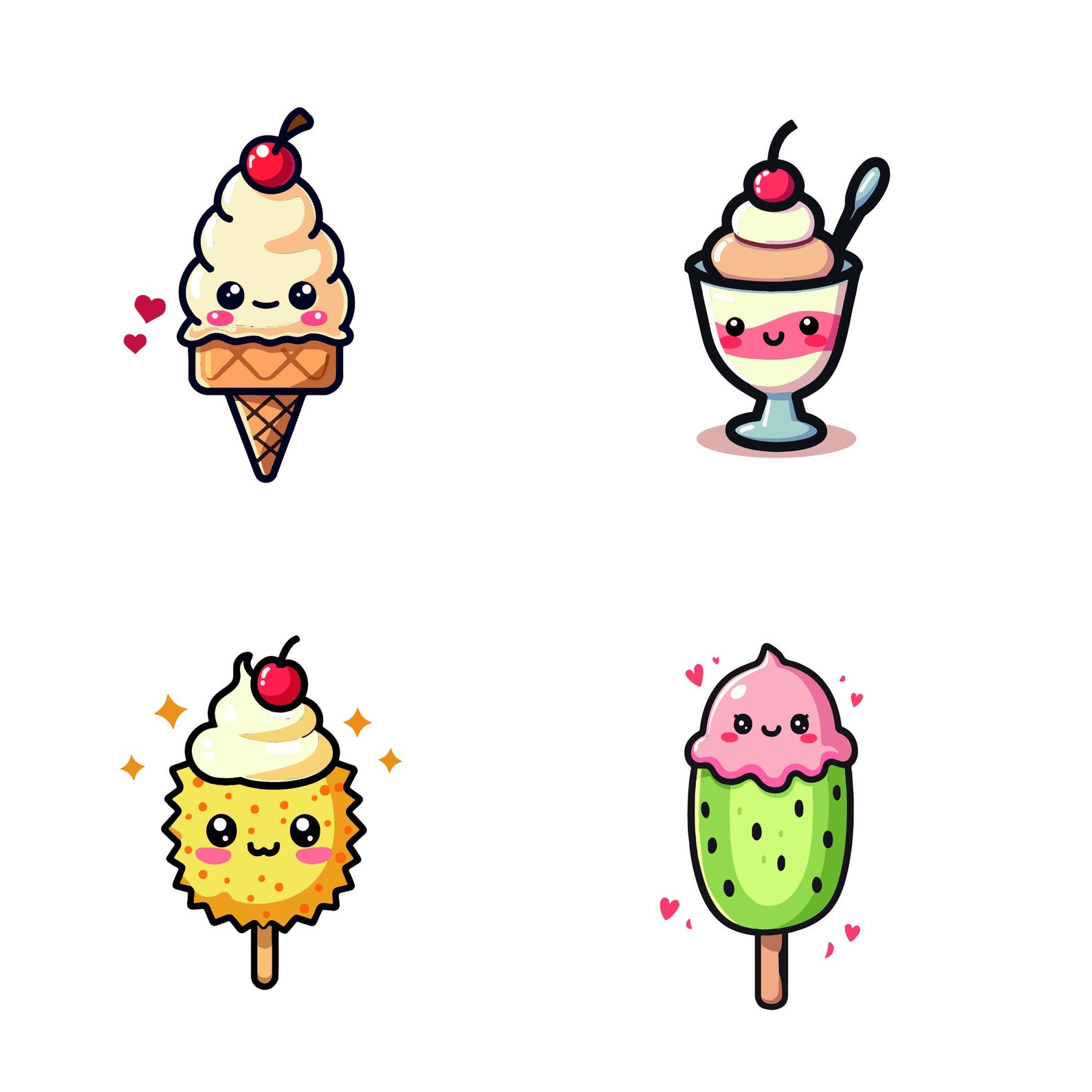 Kawaii Cute Ice Cream PNG Bundle Featuring Smiling Cartoon Desserts in ...