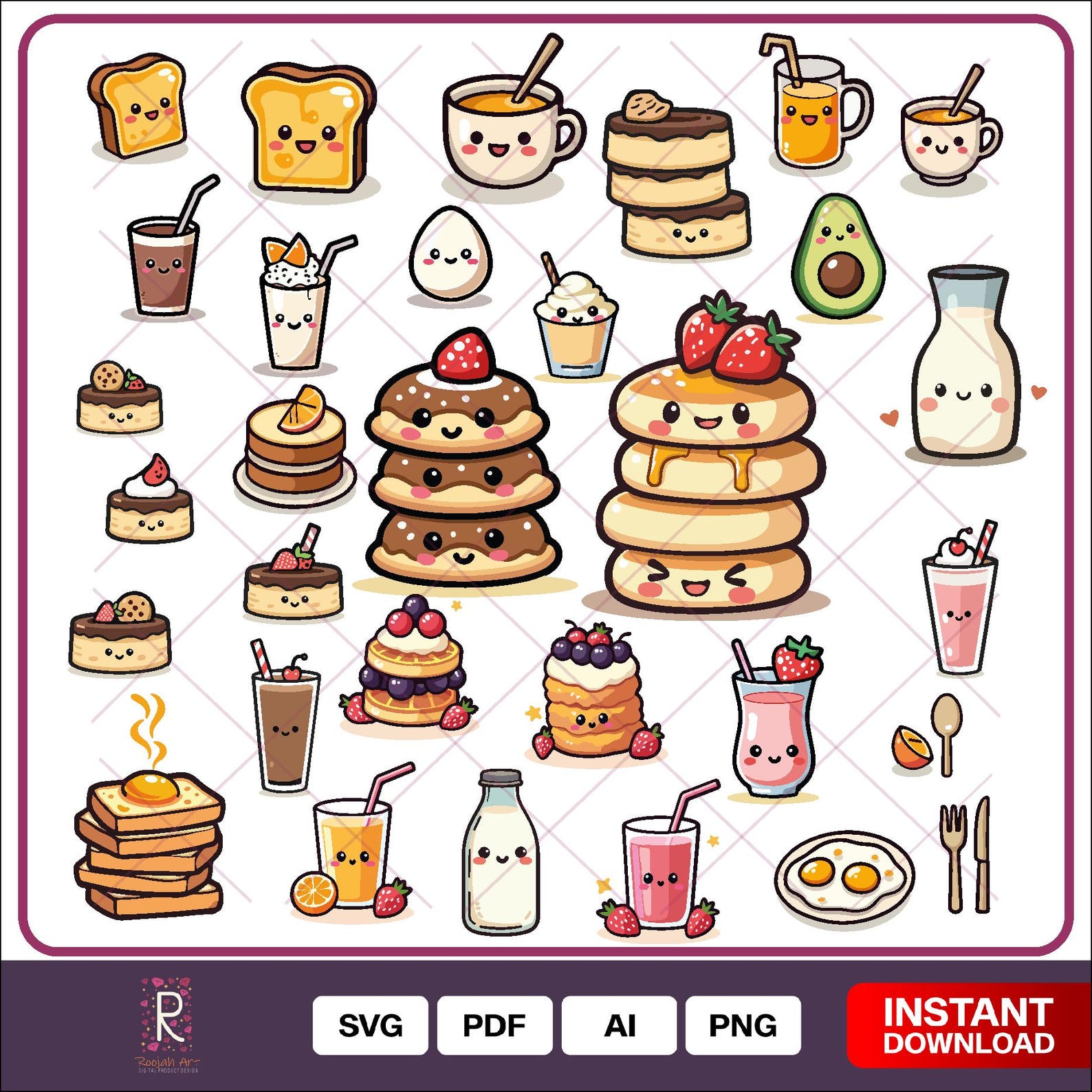 Kawaii Breakfast PNG Bundle Sweet and Charming Kawaii Cute Brunch With ...
