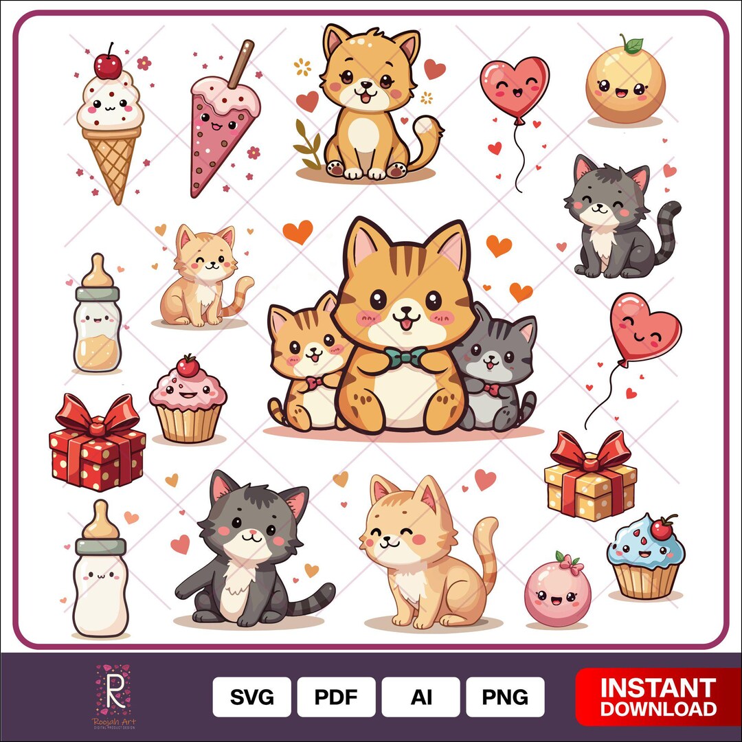Kawaii Baby Cat Clipart PNG Bundle - Adorable Cute Baby Cats for ...
