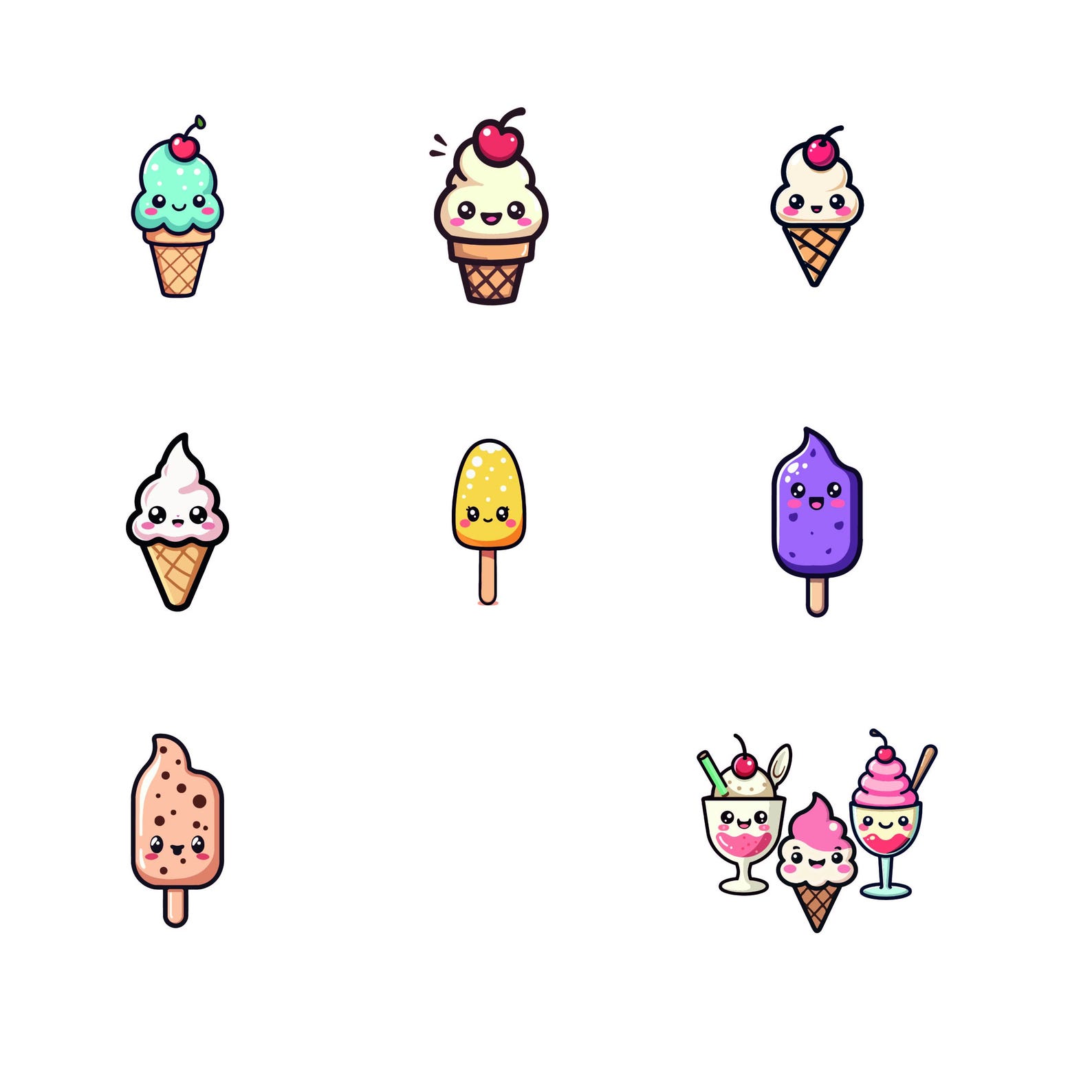 Kawaii Cute Ice Cream PNG Bundle Featuring Smiling Cartoon Desserts in ...