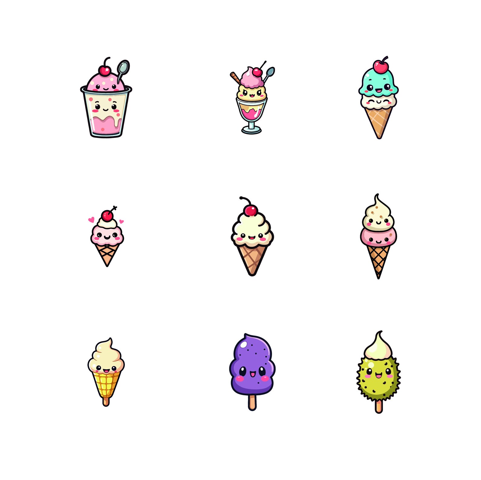 Kawaii Cute Ice Cream PNG Bundle Featuring Smiling Cartoon Desserts in ...