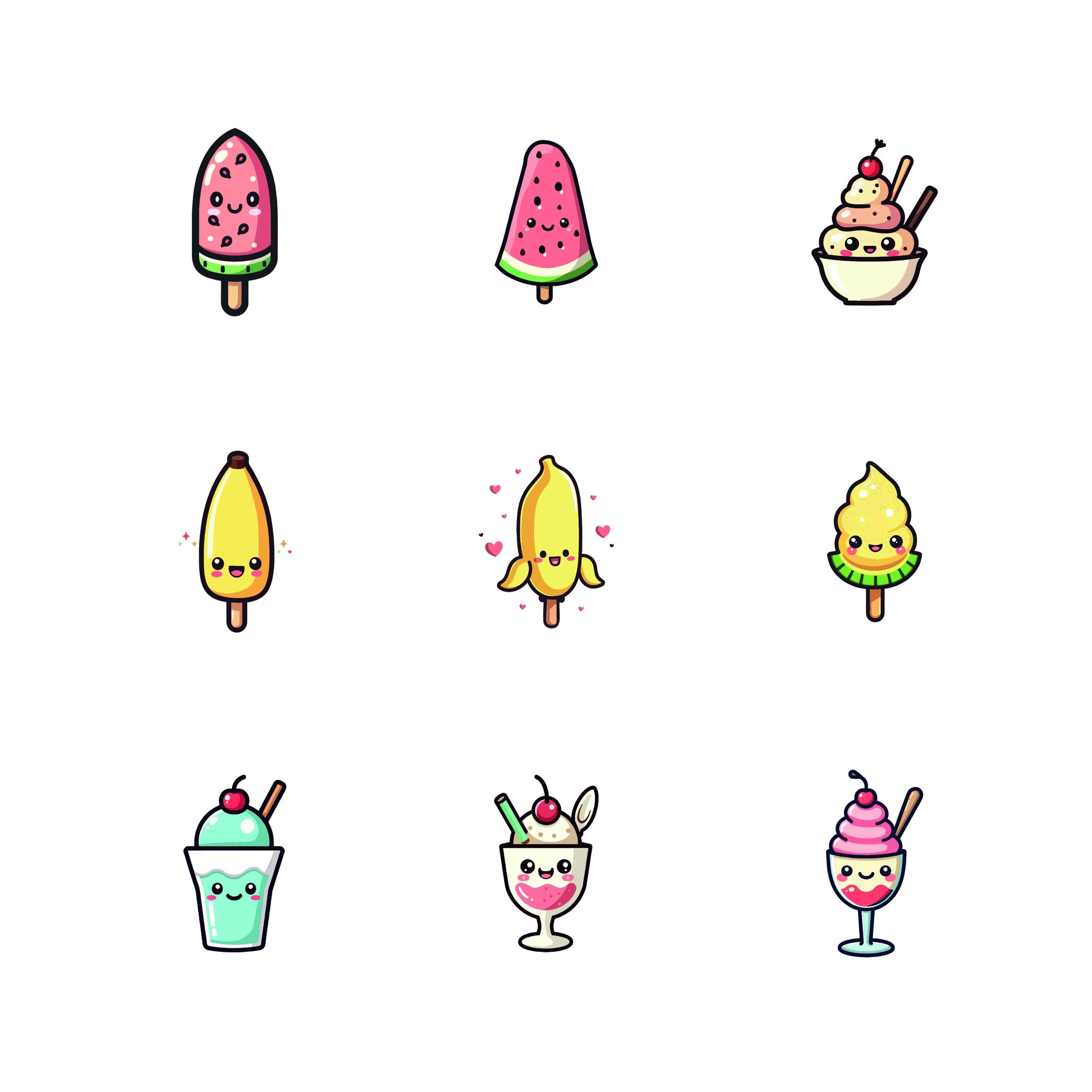 Kawaii Cute Ice Cream PNG Bundle Featuring Smiling Cartoon Desserts in ...