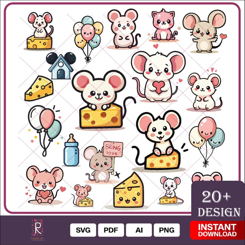 Kawaii Mouse PNG Bundle – Adorable Mouse Designs for Kids, T-shirts ...