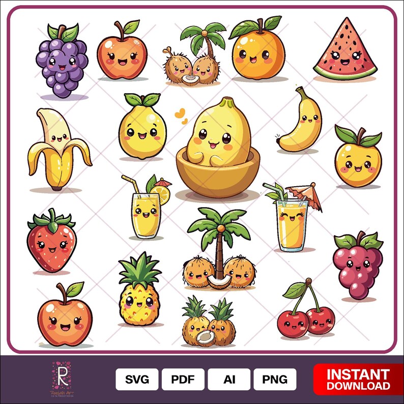 Kawaii Cute Fruit PNG Bundle - Adorable and Colorful Digital Fruits for ...