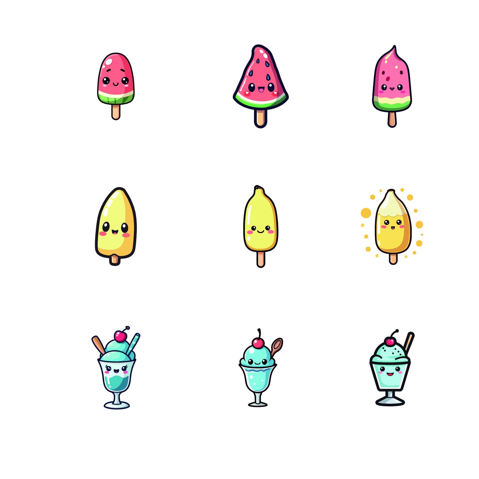 Kawaii Cute Ice Cream PNG Bundle Featuring Smiling Cartoon Desserts in ...