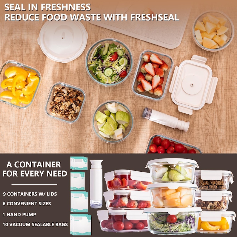 Glass Vacuum Food Storage Container Set: 9 Pieces With Hand Pump - Etsy