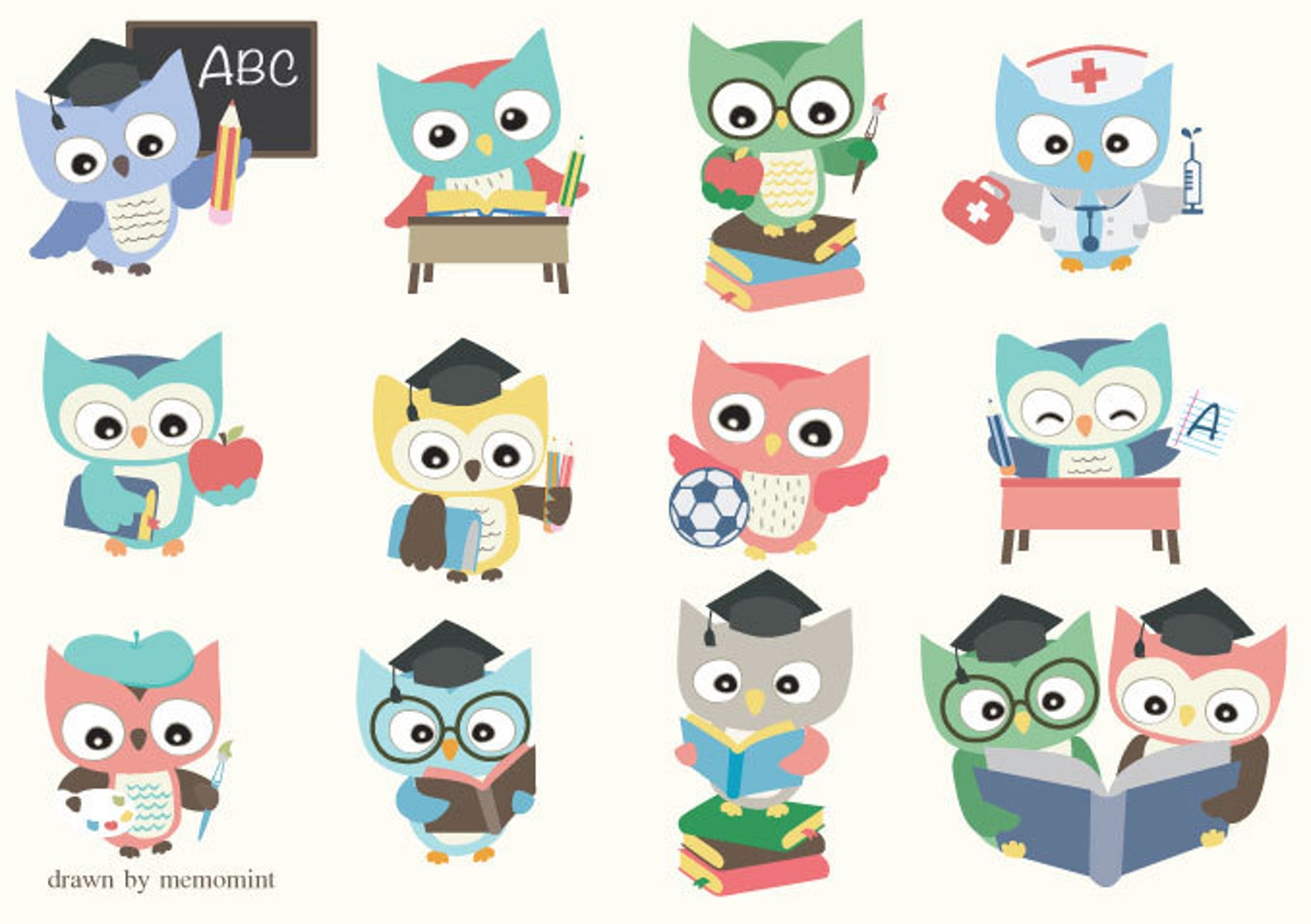 School Owl Clip Art Set 02 - 12 Digital Clipart Set for Digital ...
