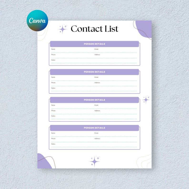 Contact List | Editable Contact Information Organizer | Phone & Email ...