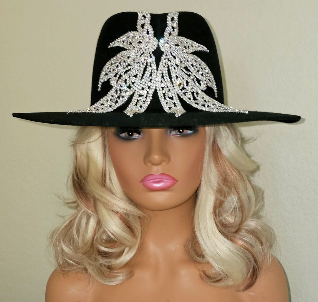 Splendor - Black Rhinestone Wide Brim Fedora - Etsy