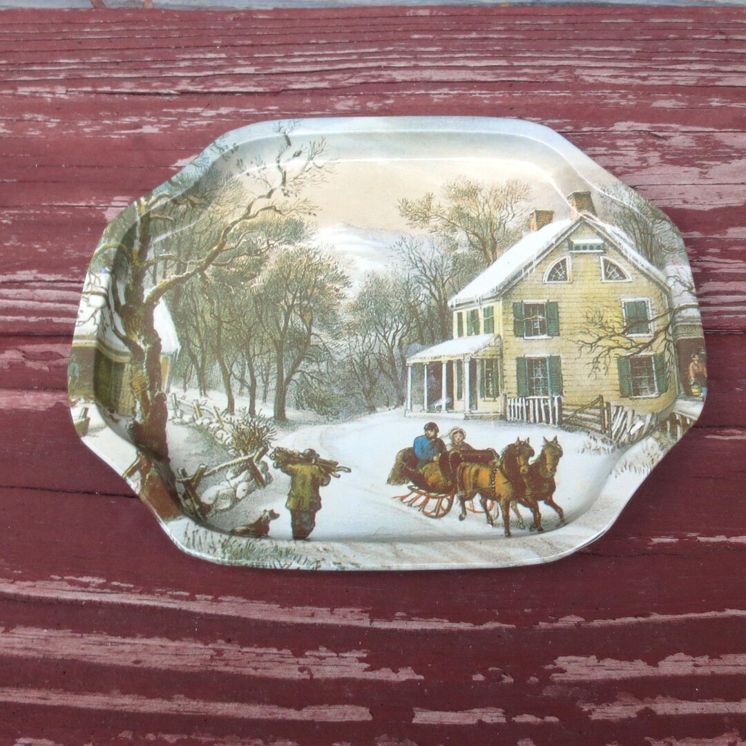 Winter Scene, House With Sleigh, Small Metal Vintage Snack Tray - Etsy