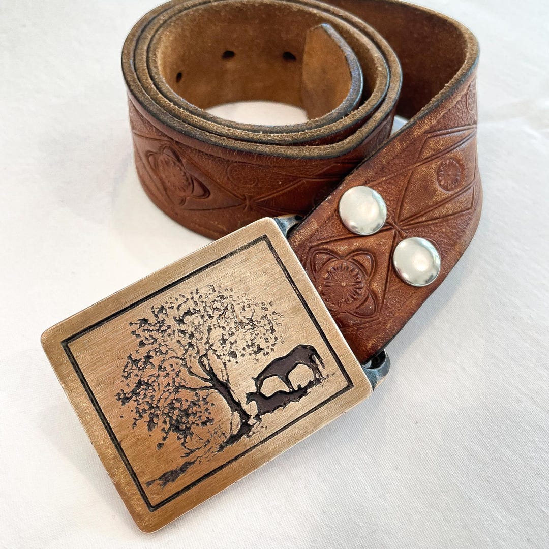 Vintage 70s Tech Ether Guild 2 Horses Belt Buckle on Tooled Leather ...