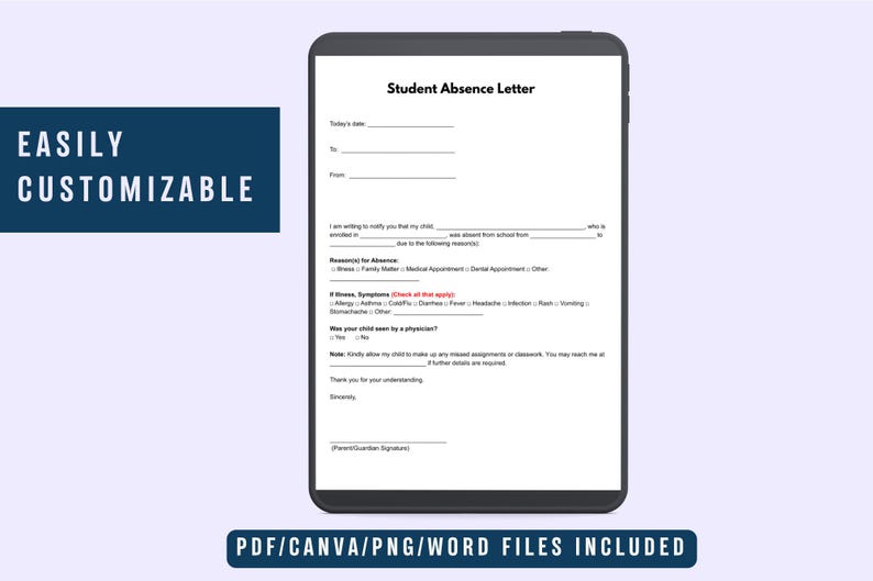 Student Absence Letter Template: Editable School Excuse (PDF, Word ...