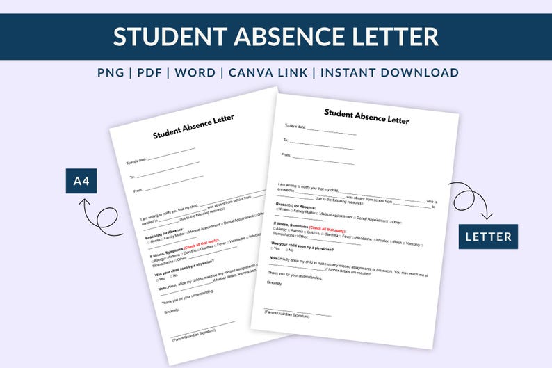 Student Absence Letter Template: Editable School Excuse (PDF, Word ...