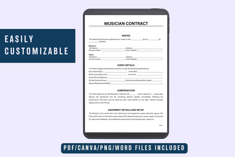 Musician Performance Contract Template | Editable Music Agreement | PDF ...