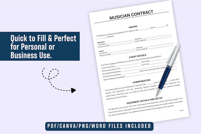 Musician Performance Contract Template | Editable Music Agreement | PDF ...