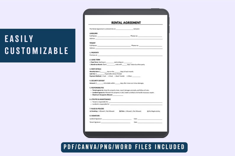 Editable Rental Agreement Template: Landlord Lease Contract (PDF, Word ...